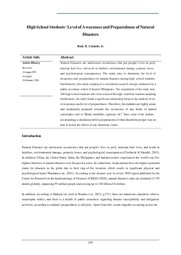 (PDF) High School Students' Level of Awareness and Preparedness of ...