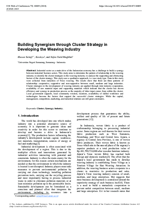 (PDF) Building Synergism through Cluster Strategy in Developing the ...