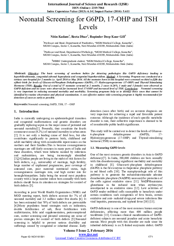 (PDF) Neonatal Screening for G6PD, 17-OHP and TSH Levels