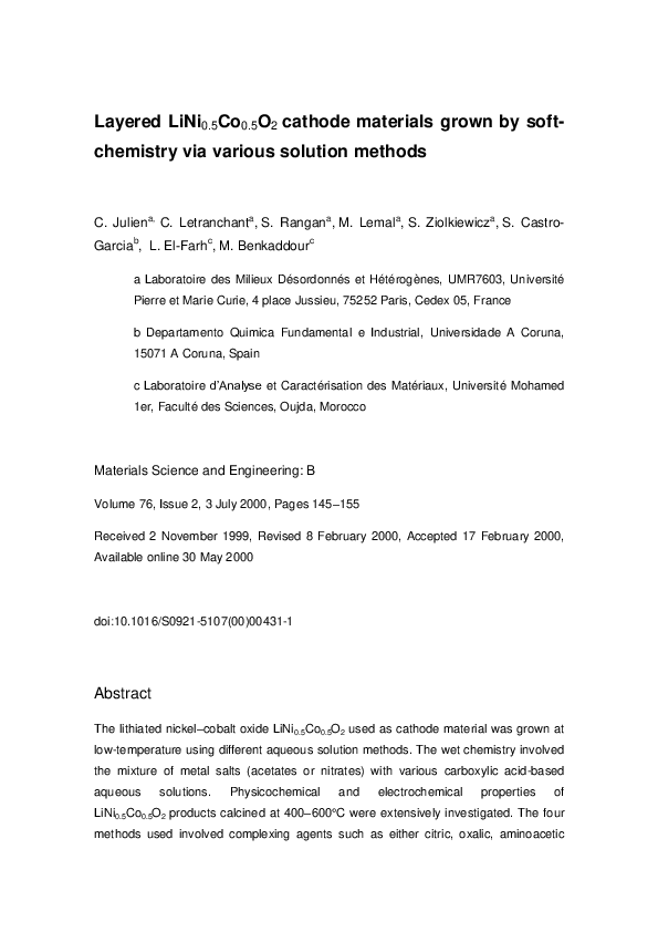 (PDF) Layered LiNi0.5Co0.5O2 cathode materials grown by soft-chemistry via various solution methods