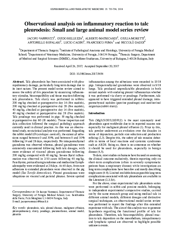 (PDF) Observational analysis on inflammatory reaction to talc ...