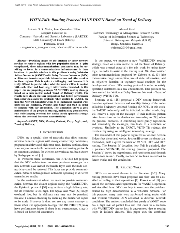 (PDF) VDTN-ToD: Routing Protocol VANET/DTN Based on Trend of Delivery