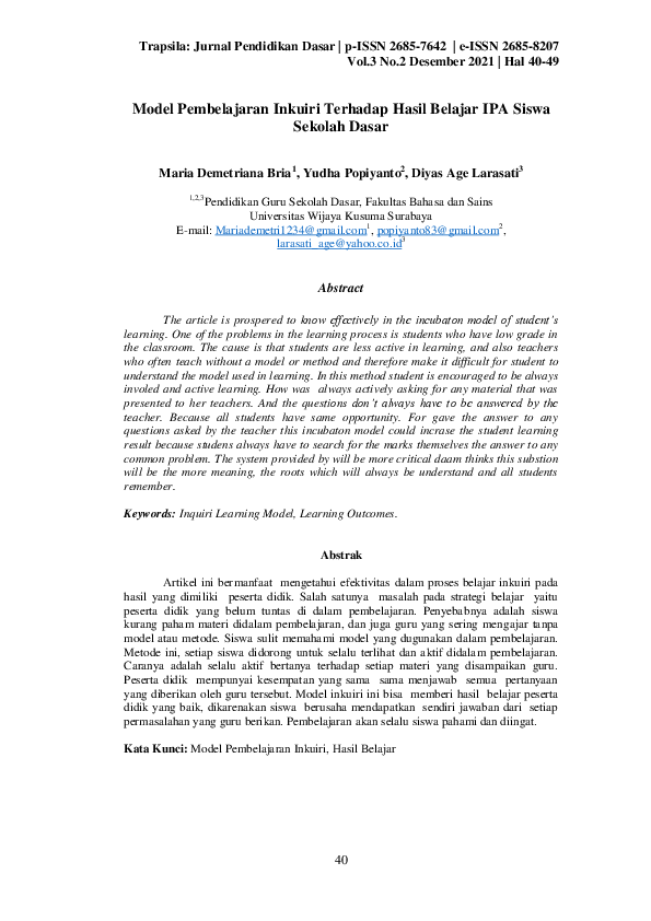 (PDF) Model Pembelajaran Inkuiri Terhadap Hasil Belajar IPA Siswa Sekolah Dasar