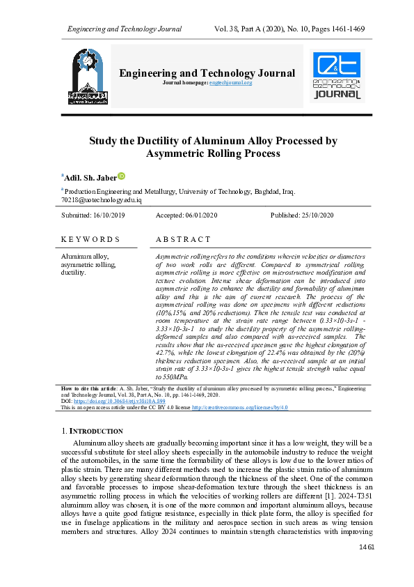 (PDF) Study the Ductility of Aluminum Alloy Processed byAsymmetric Rolling Process