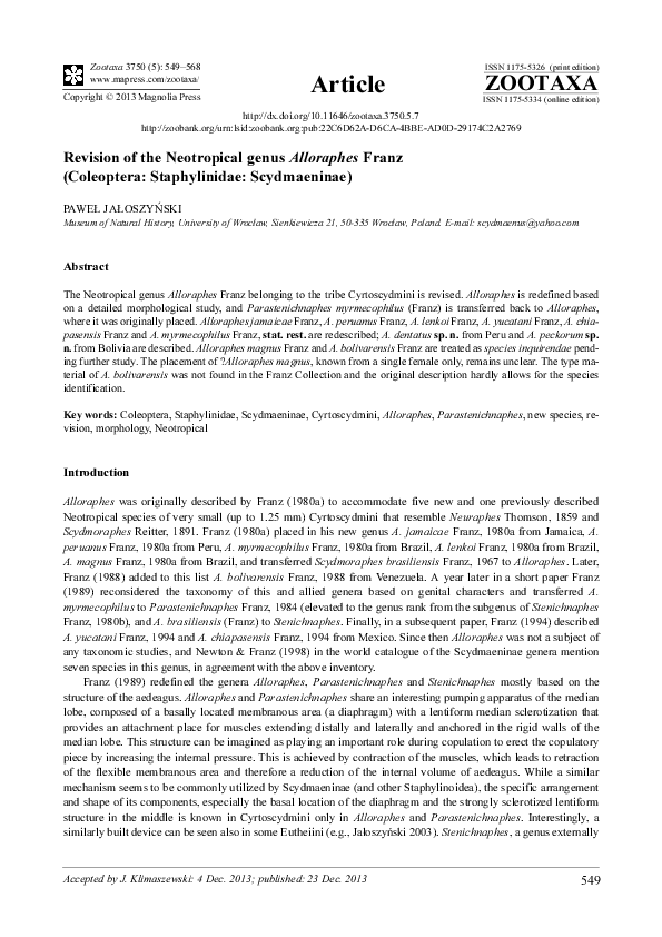 (PDF) Revision of the Neotropical genus Alloraphes Franz (Coleoptera ...