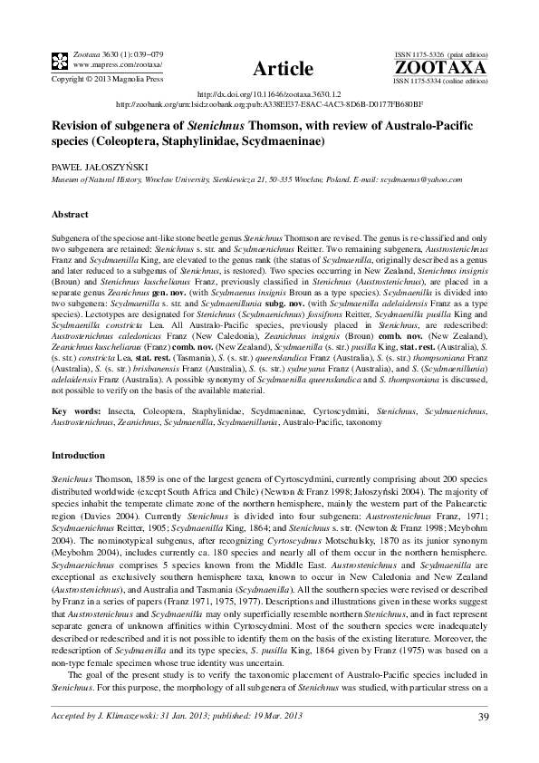 (PDF) Revision of subgenera of Stenichnus Thomson, with review of ...