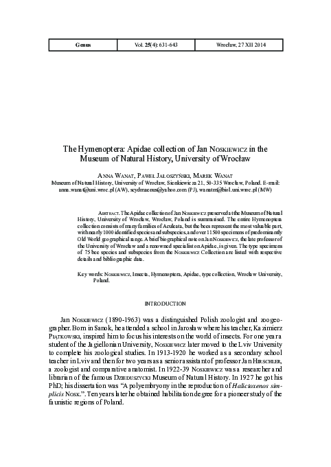 The Hymenoptera: Apidae collection of Jan Noskiewicz in the Museum of ...