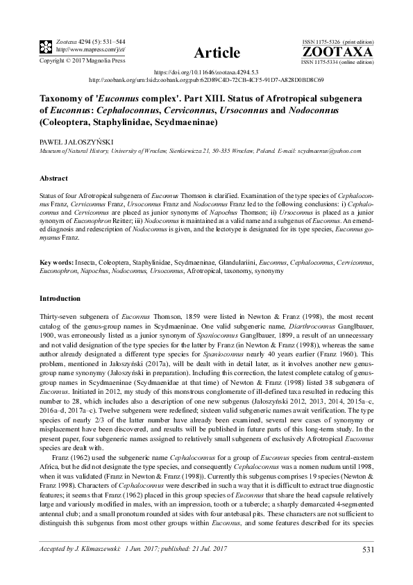 (PDF) Taxonomy of 'Euconnus complex'. Part XIII. Status of Afrotropical ...