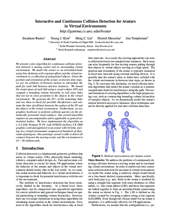 (PDF) Interactive and continuous collision detection for avatars in virtual environments