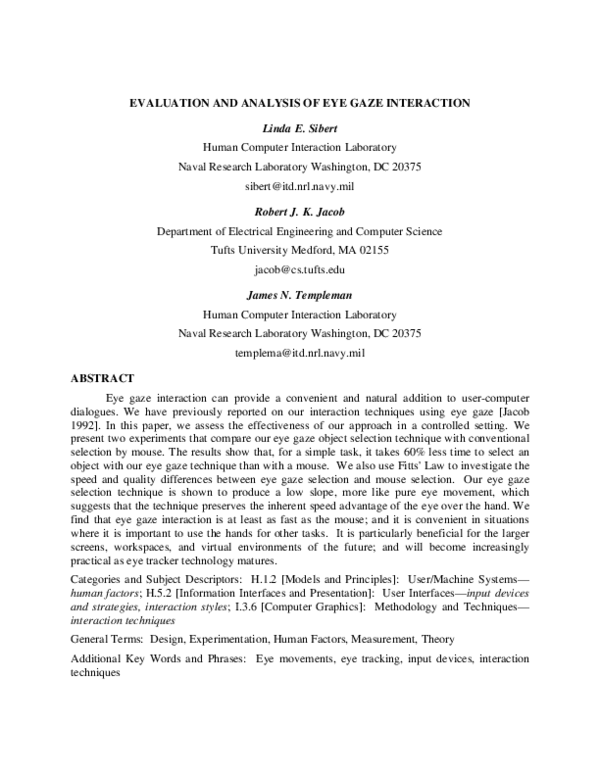 (PDF) Evaluation and Analysis of Eye Gaze Interaction