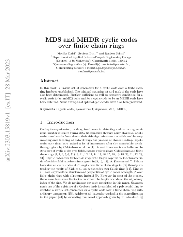(PDF) MDS and MHDR cyclic codes over finite chain rings