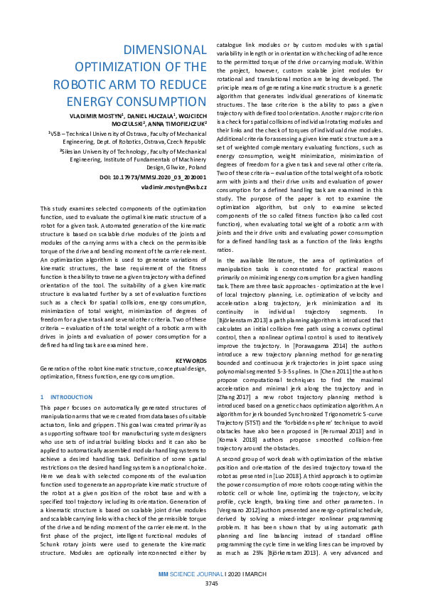 (PDF) Dimensional Optimization of the Robotic Arm to Reduce Energy Consumption