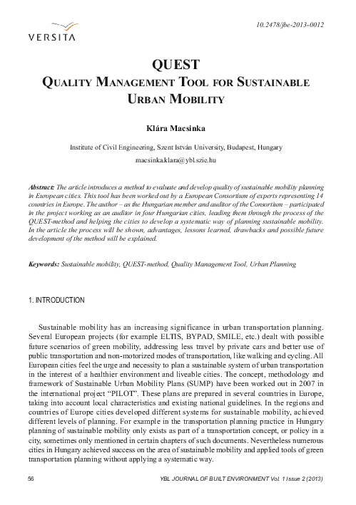 (PDF) QUEST QUALITY MANAGEMENT TOOL FOR SUSTAINABLE URBAN MOBILITY