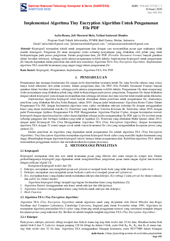 Pdf Implementasi Algoritma Tiny Encryption Algorithm Untuk Pengamanan 7546