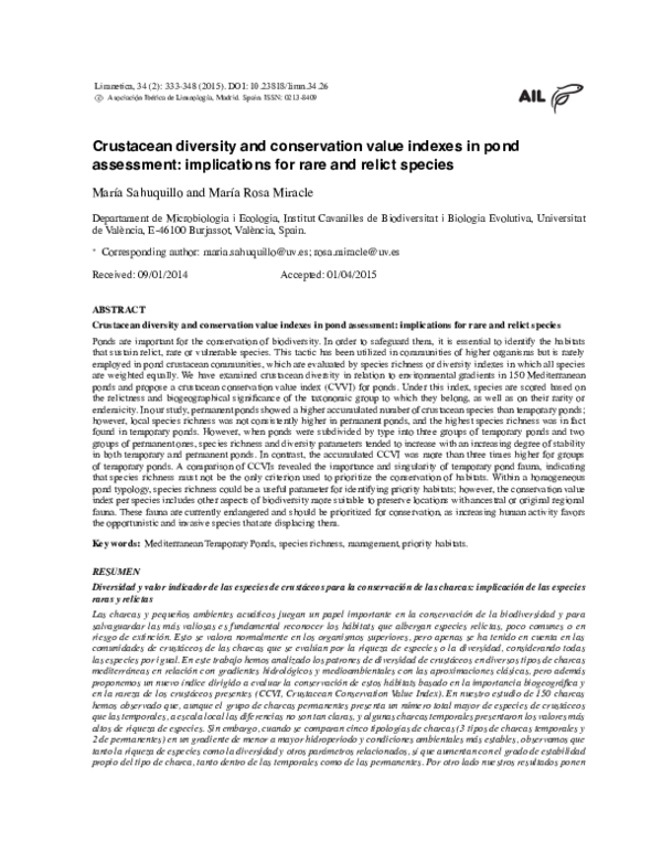 (PDF) Crustacean diversity and conservation value indexes in pond ...