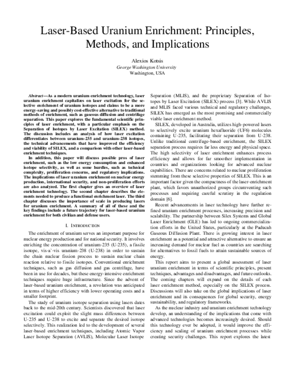 (PDF) Laser-Based Uranium Enrichment: Principles, Methods, and Implications