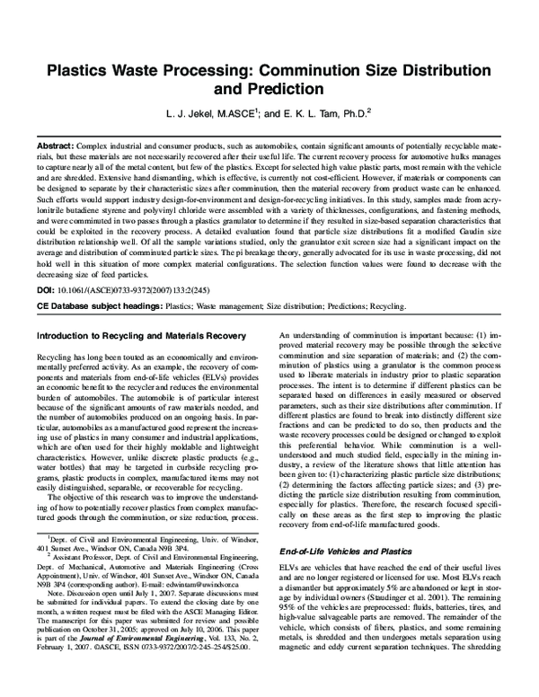 (PDF) Plastics Waste Processing: Comminution Size Distribution and ...