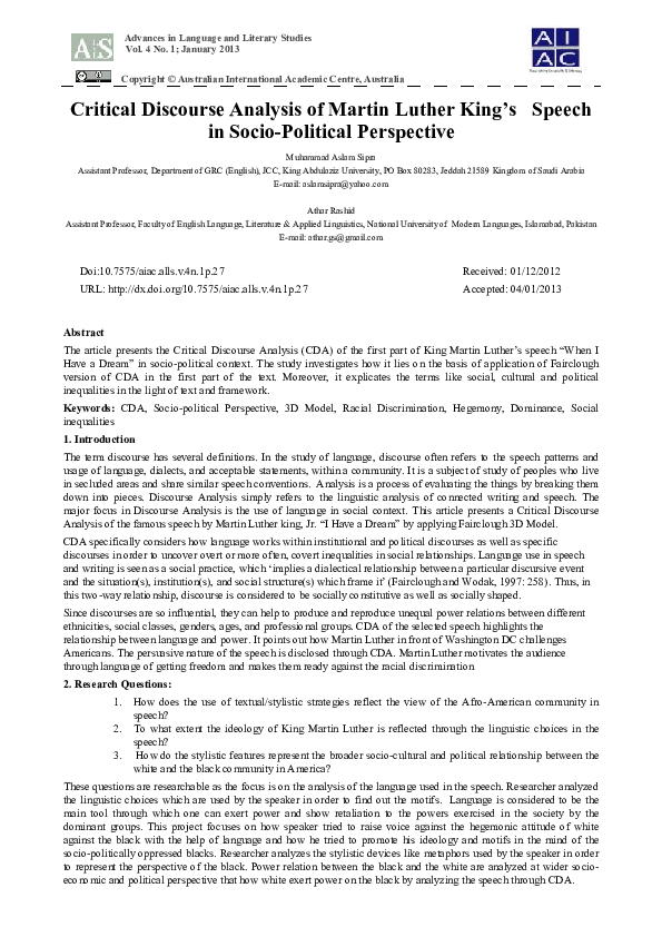 (PDF) Critical Discourse Analysis of Martin Luther King’s Speech in ...
