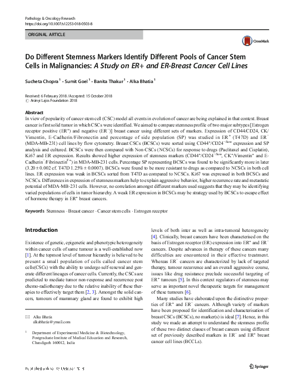(PDF) Do Different Stemness Markers Identify Different Pools of Cancer ...