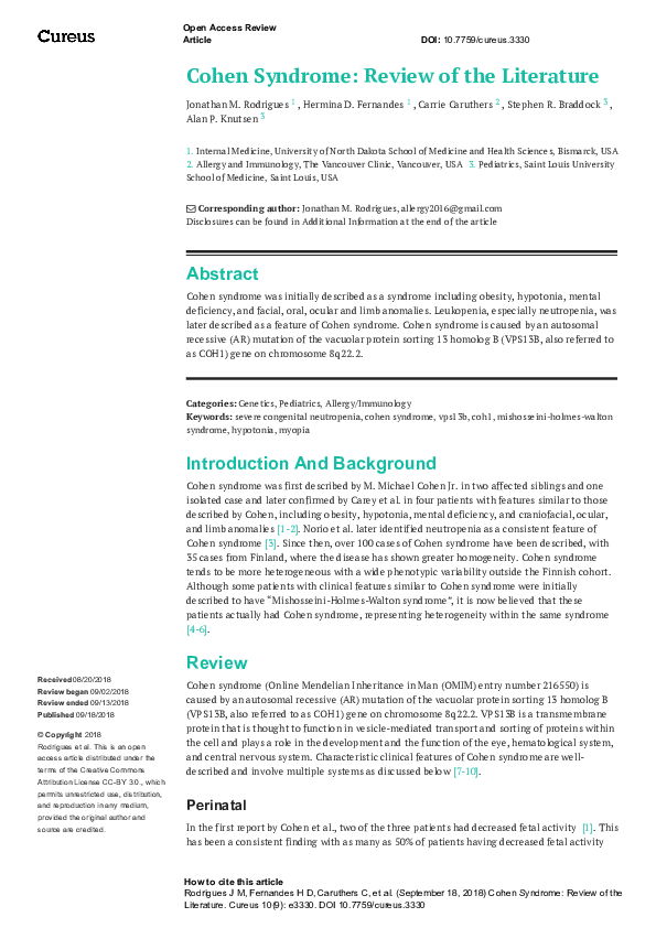 (PDF) Cohen Syndrome: Review of the Literature