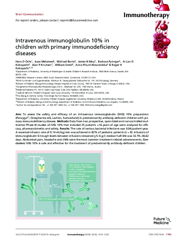 (PDF) Intravenous immunoglobulin 10% in children with primary ...