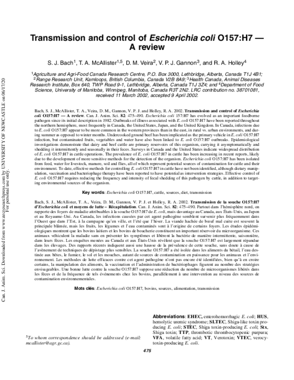 (PDF) Transmission and control of Escherichia coli O157:H7 — A review