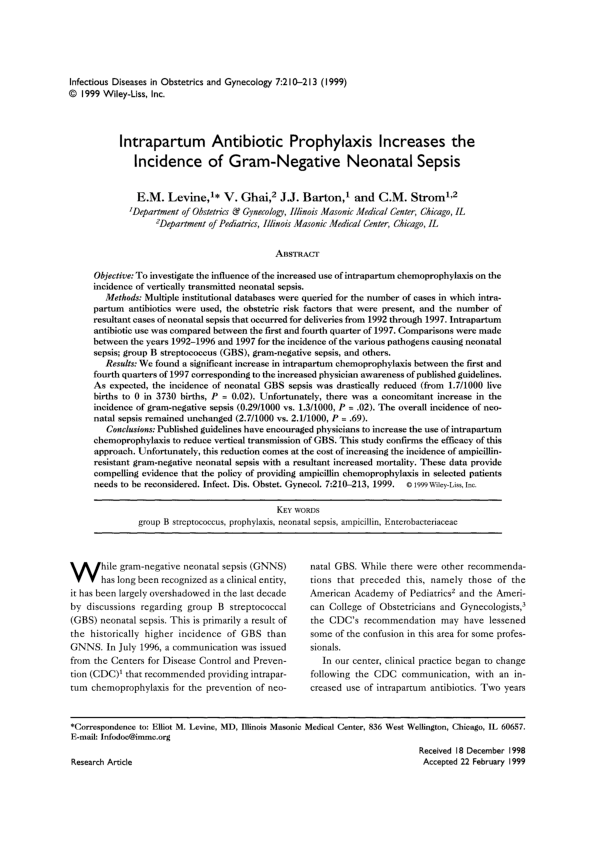 (PDF) Intrapartum antibiotic prophylaxis increases the incidence of gram‐negative neonatal sepsis
