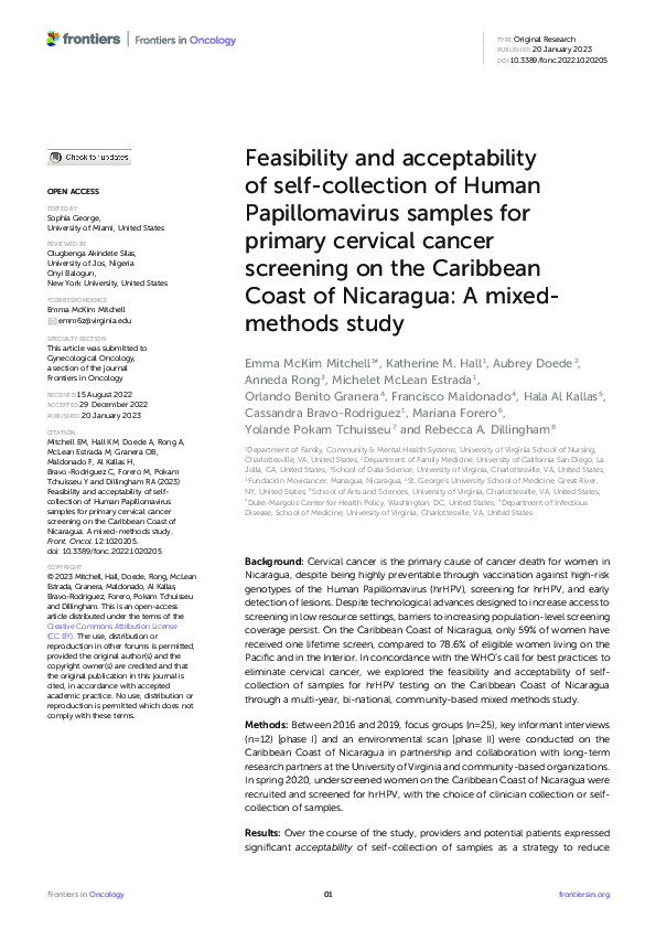 (PDF) Feasibility and acceptability of self-collection of Human Papillomavirus samples for ...