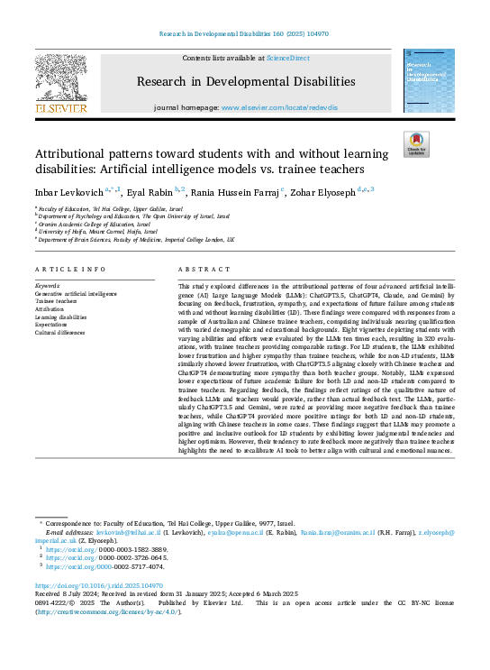 (PDF) Attributional patterns toward students with and without learning disabilities: Artificial ...