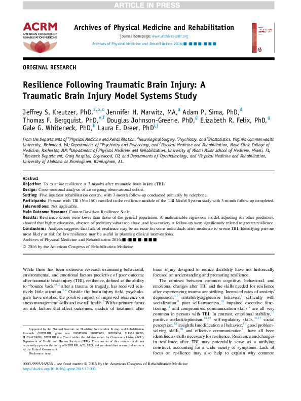 (PDF) Resilience Following Traumatic Brain Injury: A Traumatic Brain ...