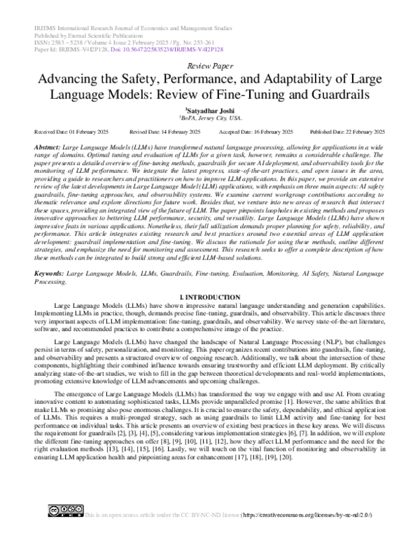 (PDF) Advancing the Safety, Performance, and Adaptability of Large Language Models: Review of ...
