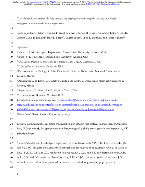 (PDF) Genomic adaptations in information processing underpin trophic strategy in a whole ...