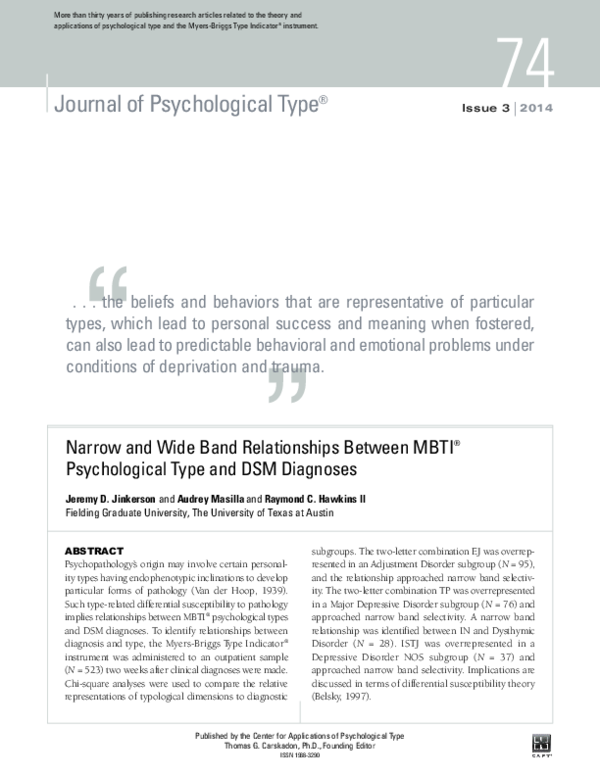 (PDF) Narrow and Wide Band Relationships Between MBTI Psychological Type and DSM Diagnoses