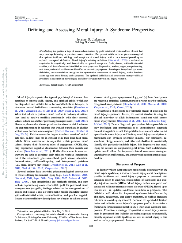 (PDF) Defining and assessing moral injury: A syndrome perspective