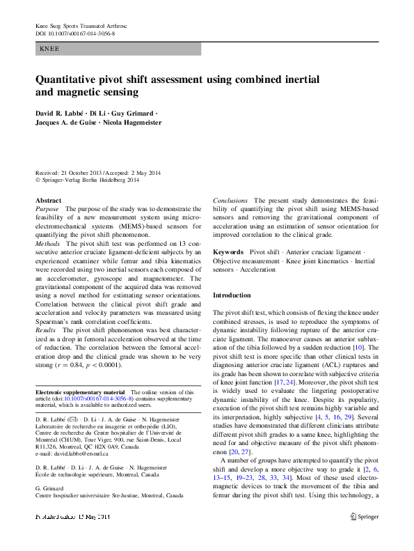 (PDF) Quantitative pivot shift assessment using combined inertial and ...