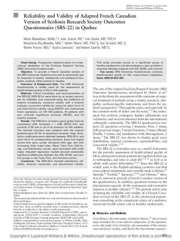 (PDF) Reliability and Validity of Adapted French Canadian Version of ...