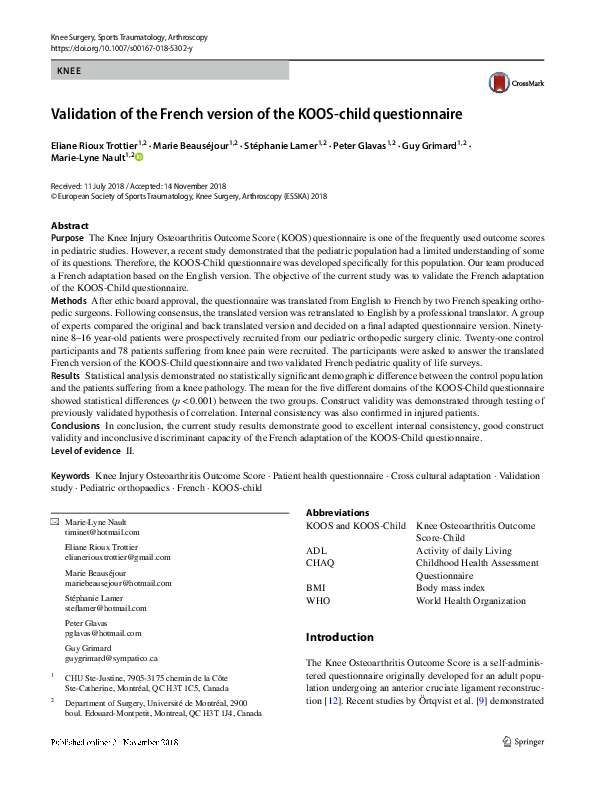 (PDF) Validation of the French version of the KOOS-child questionnaire