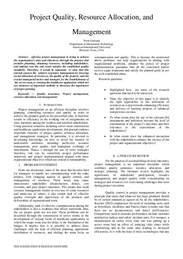 (PDF) Project Quality, Resource Allocation, and Management