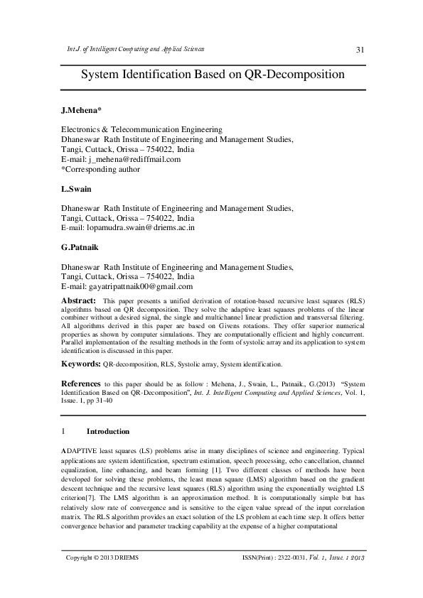(PDF) System Identification Based on QR-Decomposition