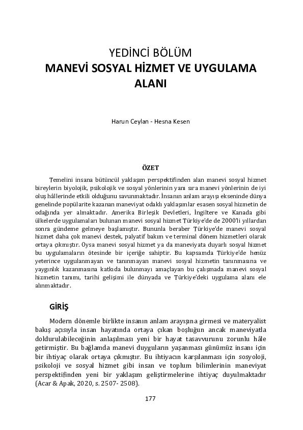 (PDF) Manevi Sosyal Hizmet ve Uygulama Alanı