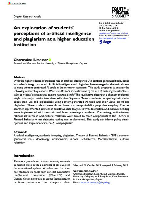 (PDF) An exploration of students' perceptions of artificial intelligence and plagiarism at a ...
