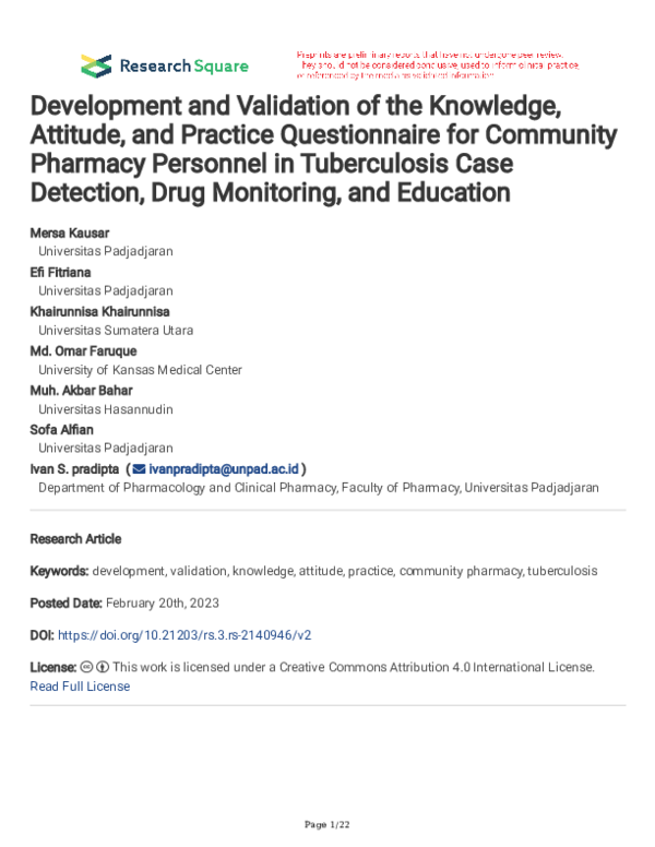 (PDF) Development and Validation of the Knowledge, Attitude, and Practice Questionnaire for ...