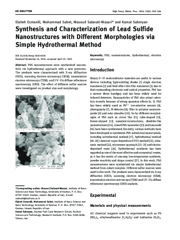 (PDF) Synthesis and Characterization of Lead Sulfide Nanostructures with Different Morphologies ...