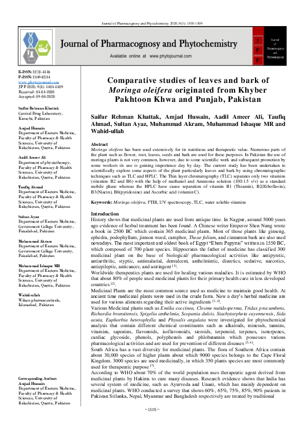 (PDF) Comparative studies of leaves and bark of Moringa oleifera originated from Khyber Pakhtoon ...