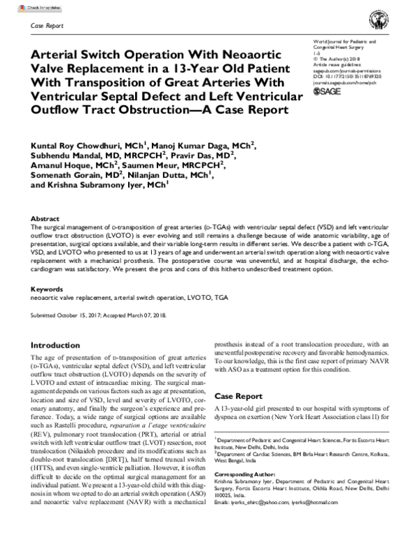 (PDF) Arterial Switch Operation With Neoaortic Valve Replacement in a ...