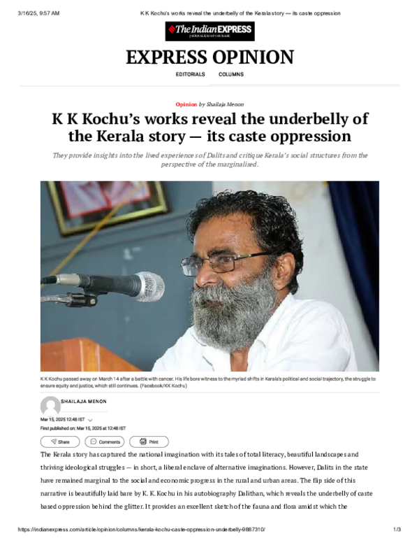 (PDF) Opinion by Shailaja Menon K K Kochu's works reveal the underbelly ...