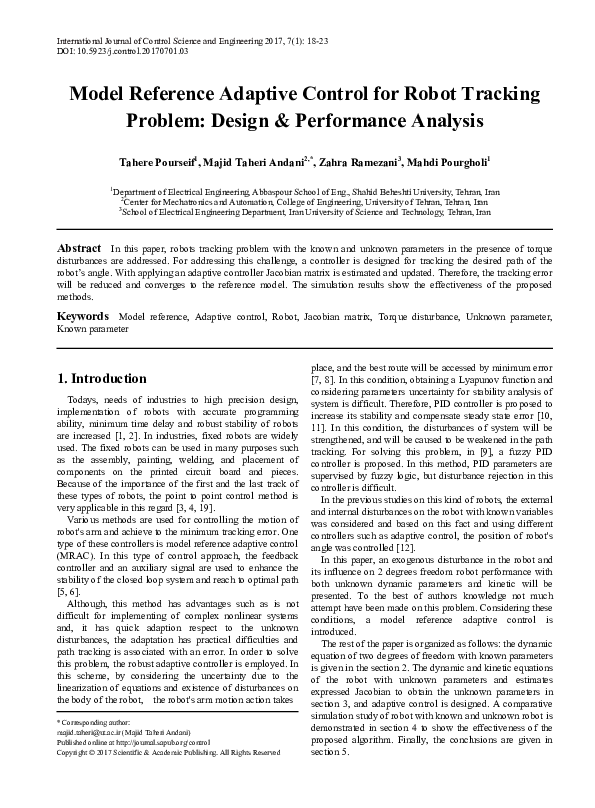 (PDF) Model Reference Adaptive Control for Robot Tracking Problem: Design & Performance Analysis