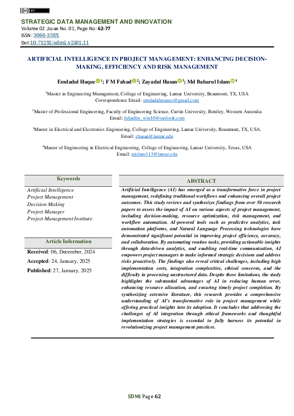 (PDF) ARTIFICIAL INTELLIGENCE IN PROJECT MANAGEMENT: ENHANCING DECISION-MAKING, EFFICIENCY AND ...