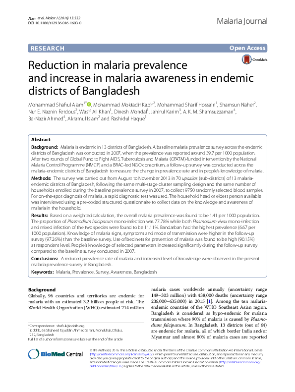 (PDF) Reduction in malaria prevalence and increase in malaria awareness ...