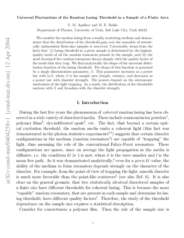 (PDF) Universal fluctuations of the random lasing threshold in a sample ...